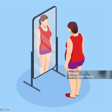 초과 중량 및 건강의 문제 등극성 뚱뚱한 여자는 거울을 보고 자신을 슬림으로 봅니다 건강 위험 비만 과체중에 대한 스톡 벡터 아트 및 기타 이미지 Istock