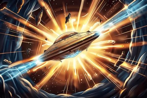 Futuristic Spaceship Warps Through An Asteroid Field Premium Ai Generated Image