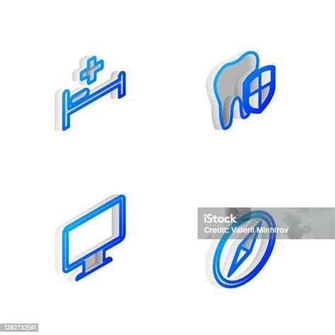 설정 등도 라인 치과 보호 병원 침대 컴퓨터 모니터 화면 과 바람 장미 아이콘 벡터 3차원 형태에 대한 스톡 벡터 아트 및 기타 이미지 3차원 형태 가정의 방 건강