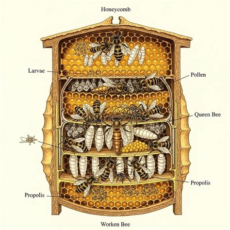 Cross Section Illustration Of A Beehive Showing Organized Compartments