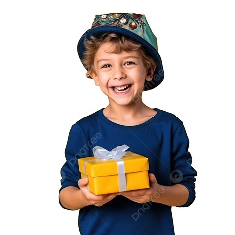 파란 티셔츠를 입은 아이와 노란 벽에 재미있는 크리스마스 모자를 쓴 아이 선물을 손에 들고 어린 소년 아동복 Png