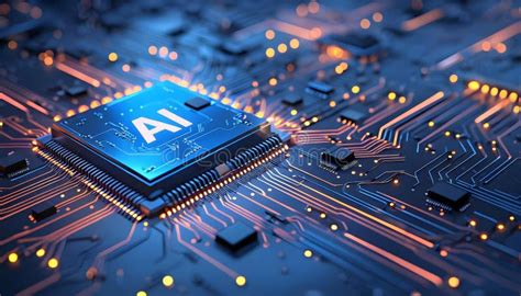 Futuristic Ai Chip On Circuit Board With Glowing Lights Symbolizing Advanced Technology Stock
