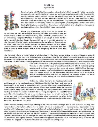 Matilda By Roald Dahl Summary Reading And Comprehension Exercises Reading Comprehension