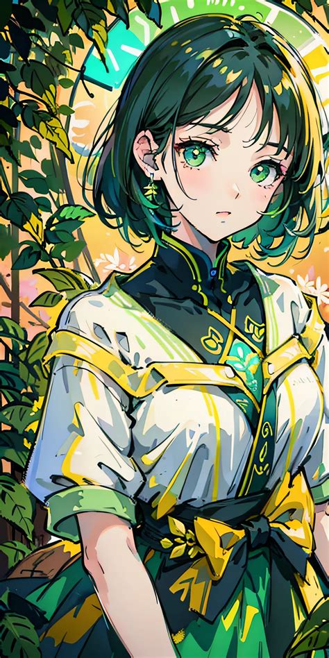 Anime Girl In A Green Dress With A Yellow Hat And Green Hair Seaart Ai