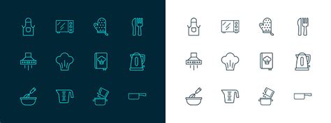 라인 교차 나이프와 포크 계량 컵 요리책 요리 냄비 향신료 요리사 모자 오븐 장갑 주방 앞치마 및 전자 레인지 아이콘을