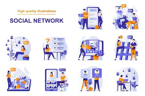 Premium Vector Social Network Web Concept With People Scenes Set In Flat Style Bundle Of