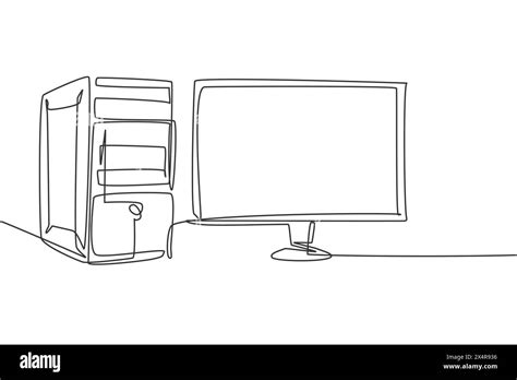 Single Continuous Line Drawing Of Cpu Computer Unit And Screen Monitor
