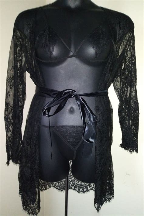 Black Lace Robe Pc Sexy Robes Lace Robes Black Sexy Etsy