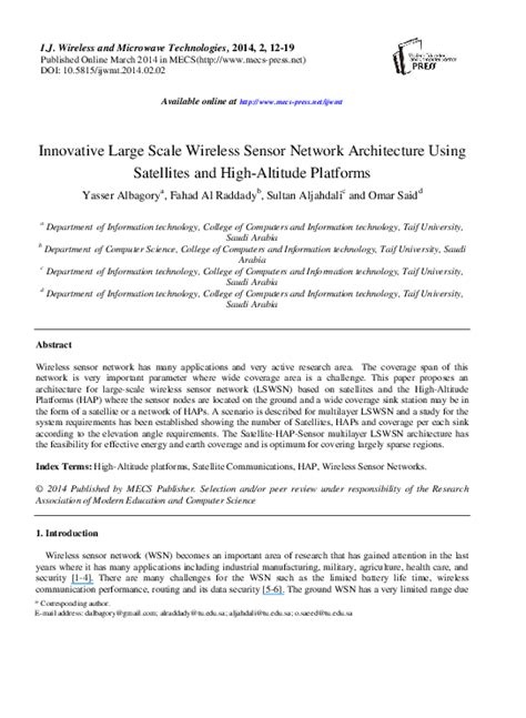 Pdf Innovative Large Scale Wireless Sensor Network Architecture Using Satellites And High