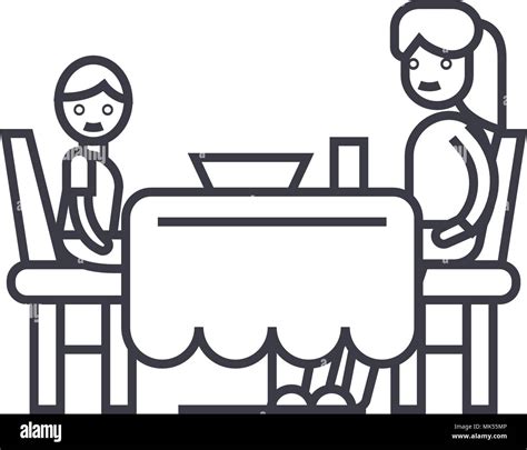 Son And Mom Having Dinner Vector Line Icon Sign Illustration On Background Editable Strokes