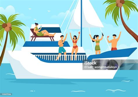 요트 템플릿 손으로 그린 만화 플랫 일러스트 레이 션 사람들이 춤추고 일광욕을하고 칵테일을 마시고 바다에서 크루즈 요트에서 휴식을 취하십시오 관광에 대한 스톡 벡터 아트 및