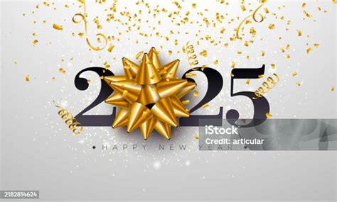 2025 새해 복 많이 받으세요 그림 와 숫자 타이포그래피 편지 금 크리스마스 장식 와 흰색 배경에 떨어지는 색종이 전단지 배너 인사말 카드 축하 포스터 파티 초대장 또는