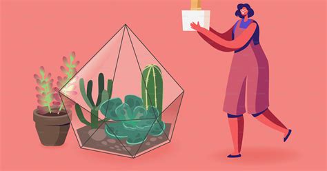 정원 가꾸기 꽃 심기 취미 테라리움 개념에서 식물을 키우는 여자 여성 캐릭터는 집에서 화분에 선인장과 다육 식물을 키우고