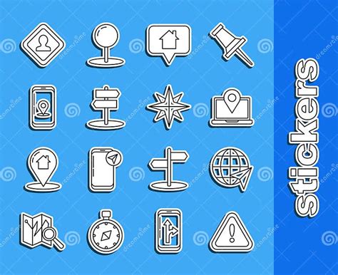 Set Line Exclamation Mark In Triangle Location The Globe Laptop With Location Marker Map