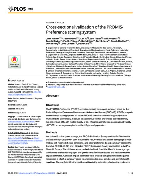 Pdf Cross Sectional Validation Of The Promis Preference Scoring System