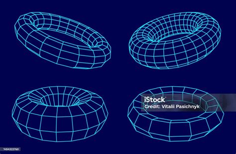 파란색 배경에 와이어프레임 메시의 토르 집합입니다 Hud 설계에 사용할 토르 컬렉션 네트워크 회선 개념입니다 창조적 인 추상 기하학적 모양 벡터 그림입니다 3차원 형태에