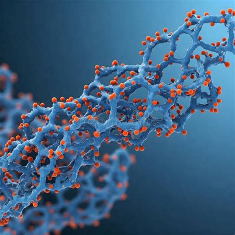 A Close Up View Of A Complex Molecular Structure With Blue Strands And Orange Spheres