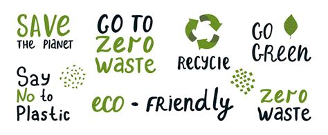 밝은 에 환경 친화적 인 문자 슬로건손으로 그린 스티커 세트 손으로 쓴 비문 제로 폐기물 플라스틱에 아니오라고 말하고 배너 웹 사이트 채식주의 자 상점 인쇄 포스터에 대한
