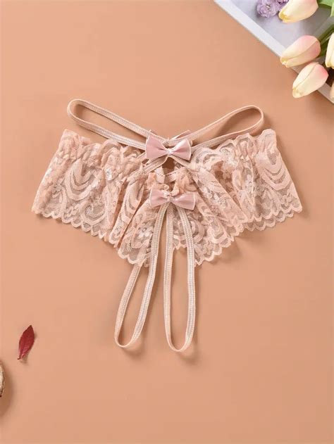 Floral Lace Bow Thongs Seductive Hollow Out Bow Tie Open Temu
