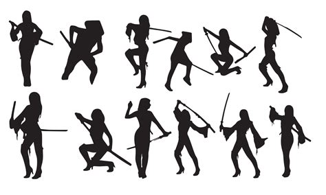 A Female Samurai With Demonic Horns In A Pointed Hat And Three Swords