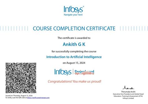 Completed Ai Course With Infosys Springboard Ankith G K Posted On The