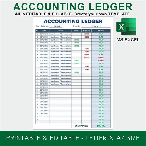 Excel Spreadsheet Template Printable Accounting Expense Tracker Business Ledger Printable