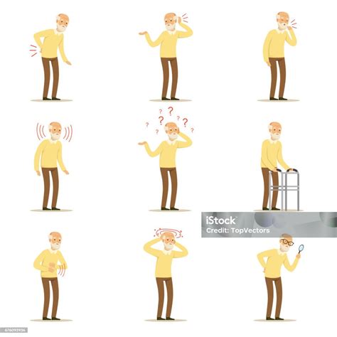 노인 질병 통증 문제에 다시 목 팔 심 혼 무릎과 머리 노인 건강 화려한 만화 캐릭터 상세한 벡터 일러스트 레이 션의 설정 개념에 대한 스톡 벡터 아트 및 기타 이미지