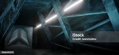 외계인의 우주선 공상 과학 어두운 그런 지 구체적인 룸 터널 복도 끝과 화이트 네온 라이트 튜브 유령 배경 3d 렌더링에 문 0명에 대한 스톡 사진 및 기타 이미지 Istock