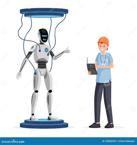 Robot Software Testing Flat Vector Illustration Cheerful Engineer In Helmet Holding Electronic