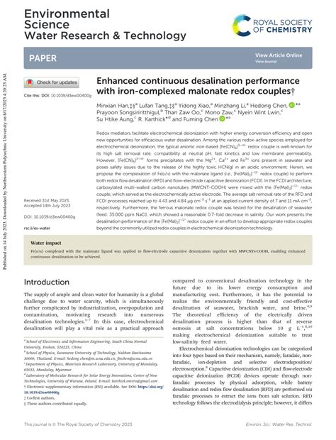 Pdf Enhanced Continuous Desalination Performance With Iron Complexed