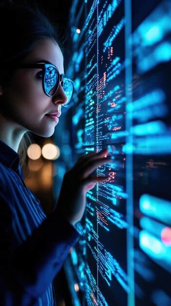 Businesswoman Monitoring Digital Security Floating Interface Premium