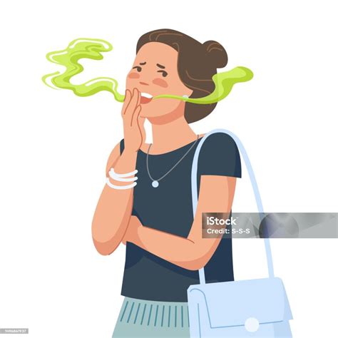 여자 구취 입에서 나오는 역겨운 숨결 박테리아 구취 질환 또는 치아 문제 대화 벡터 그림에서 냄새 나는 냄새를 맡는 십대 아시아 소녀 입냄새에 대한 스톡 벡터 아트 및 기타