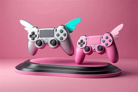 Premium Photo Two Flying Gamepads Over The Podium On A Pink Background Concept For