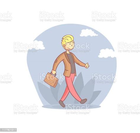 쾌활한 사업가 산책 와 브리프 케이스 젊은 남자 매일 활동 만화 벡터 일러스트 개념에 대한 스톡 벡터 아트 및 기타 이미지