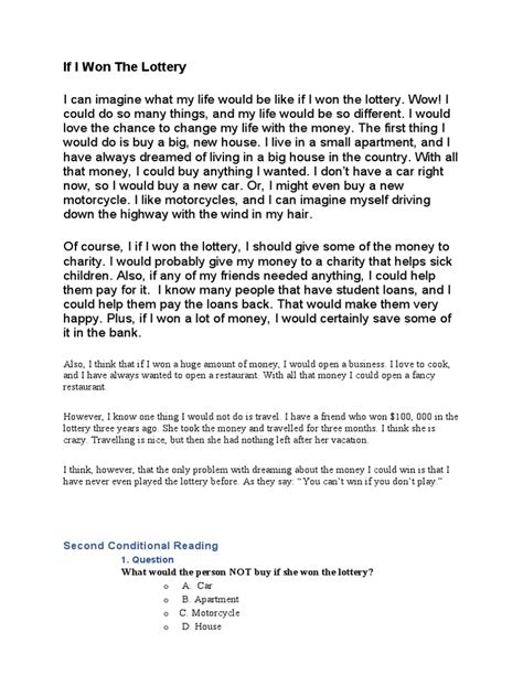 If I Won The Lottery Second Conditional Reading Pdf Money Gaming And Lottery