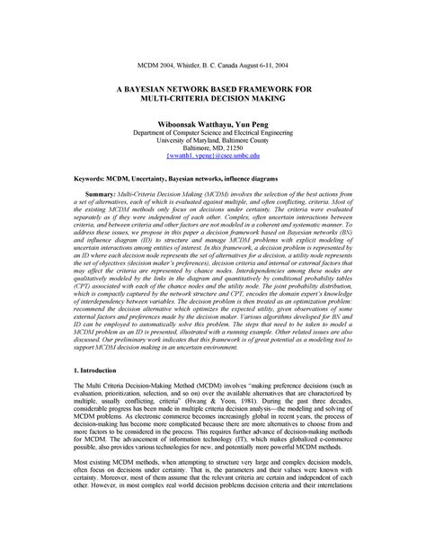 A Bayesian Network Based Framework For Multi Criteria Decision Making Mcdm 2004 Whistler B
