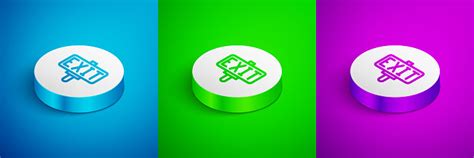 아이소메트릭 라인 화재 출구 아이콘은 파란색 녹색 및 보라색 배경에 분리되어 있습니다 화재 비상 아이콘입니다 흰색 원 버튼입니다 벡터 0명에 대한 스톡 벡터 아트 및 기타