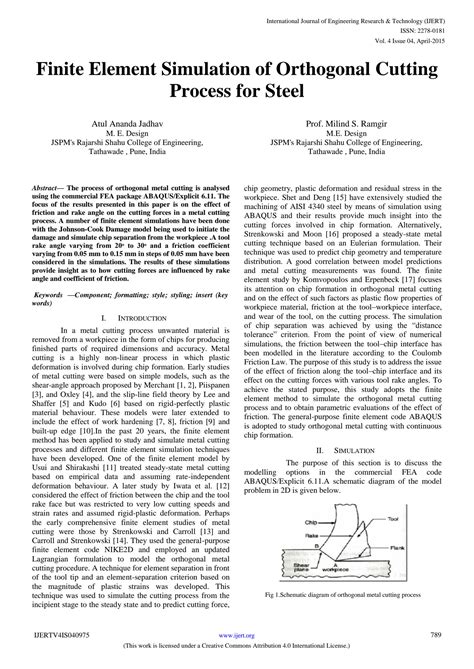 Solution Finite Element Simulation Of Orthogonal Cutting Process For Steel Ijertv4is040975