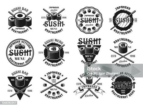 흰색 배경에 고립 된 빈티지 흑백 스타일의 12 초밥 벡터 엠블럼 라벨 배지 스탬프 또는 기호 세트 고추냉이에 대한 스톡 벡터