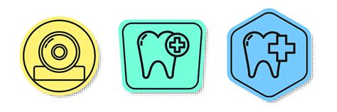 치과 치료 치아를위한 라인 이비인후과 머리 반사경 치아 및 치과 진료소를 설정합니다 컬러 셰이프입니다 벡터 개념에 대한 스톡