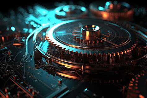 Digital Gear Wheels On Circuit Board High Technology Engineering Generative Ai Stock