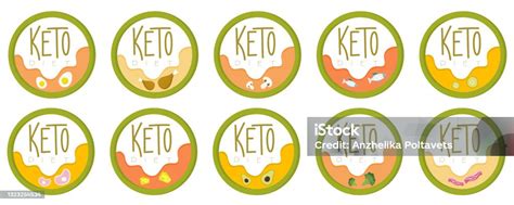 배지 케토 다이어트를 설정합니다 벡터 엠블럼 비문 케토 야채 케톤이 풍부한 식품 건강한 라이프스타일과 적절한 영양을 위한 친절한 식단 벡터 플랫 일러스트레이션 개체 그룹에