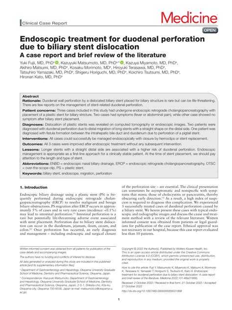 Pdf Endoscopic Treatment For Duodenal Perforation Due To Biliary