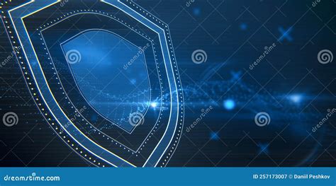 Wide Perspective Glowing Shield Hologram On Blue Background With Various Blurry Icons Cyber