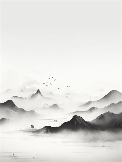 极简主义山水插图，水墨山脉由不同的线条组成黑白 花瓣网