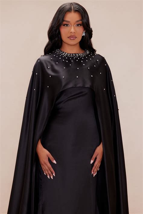 Iconic Satin Cape Maxi Dress Black Fashion Nova