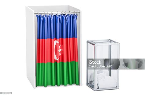 아제르바이잔 선거 개념 투표 용지 상자 및 Kirghizia의 국기와 함께 투표 부스 3d 렌더링 3차원 형태에 대한 스톡 사진