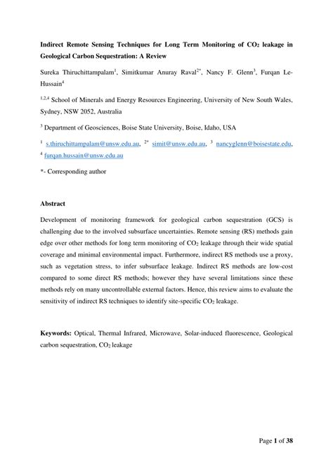 Pdf Indirect Remote Sensing Techniques For Long Term Monitoring Of Co2 Leakage In Geological