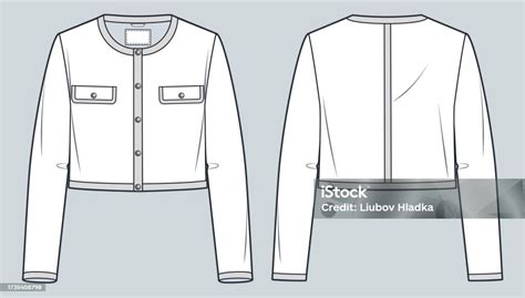 크롭 재킷 테크니컬 패션 일러스트레이션 단추 패션 플랫 기술 도면 템플릿 주머니 앞면과 뒷면보기 흰색 여성 Cad 모형이 있는