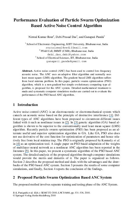 pdf performance evaluation of particle swarm optimization based active noise control algorithm